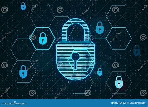 creative glowing hexagonal padlock hologram with binary coding on