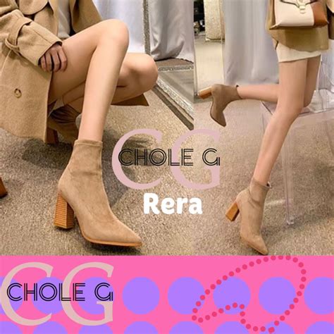 Chole Grera Korean High Chunky Ankle Boots รองเท้าบูทกำมะหยี่ส้นสูง