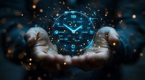 Businessman Holding A Digital Clock Holographic Productivity Tools Task Lists Project Timelines