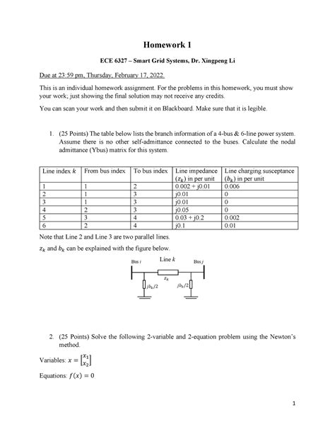 HW Assignment For Power System Homework ECE Smart Grid Systems Dr Xingpeng Li