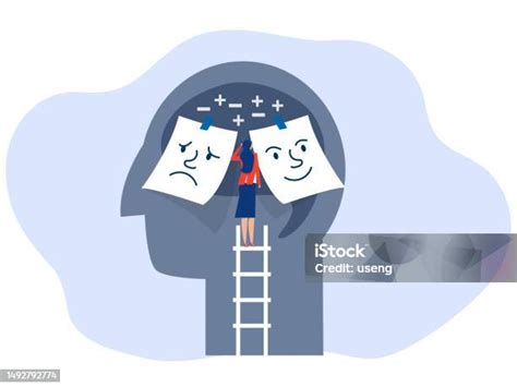 혼란스러워하는 여자 가면 증후군 양극성 장애 가짜 얼굴과 감정 아래 행복과 슬픔의 혼합 감정 심리학 거짓 행동 또는 사기꾼벡터 일러스트레이터 Theatrical