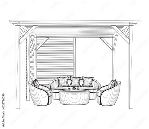 Gazebo Outline Garden Modern Graphic Black White Architect Landscape Sketch Illustration Vector