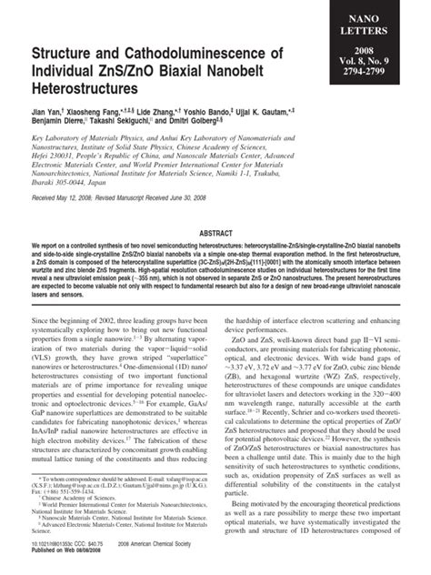 Nl801353c Structure And Cathodoluminescence Of Individual Zns Zno Biaxial Nanobelt