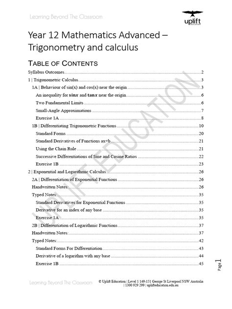 Year 12 Adv Differential Calculus Workbook Pdf Trigonometric