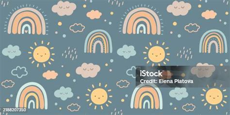 구름 태양 무지개 직물 또는 신생아 및 보육원을위한 직물과 함께 Boho 스타일의 파란색 배경에 아기 완벽 한 패턴 0명에 대한 스톡 벡터 아트 및 기타 이미지 Istock