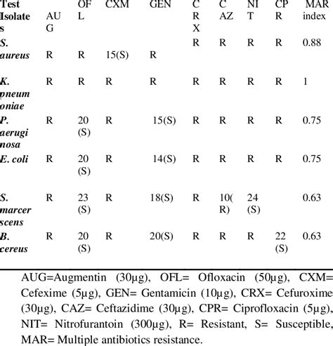 Susceptibility Of Bacterial Isolates To Standard Antibiotics Zone Of