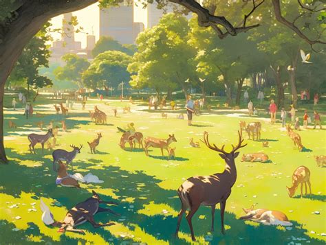 のどかな日差しの下の奈良の鹿風景｜ai百科「シンテリ」で調べる語句・イラスト