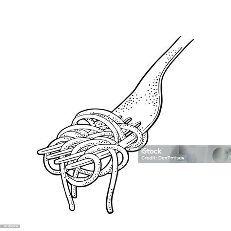 스파게티 포크에 벡터 빈티지 조각 흰색 배경에 고립 된 검은 그림 스파게티에 대한 스톡 벡터 아트 및 기타 이미지 스파게티