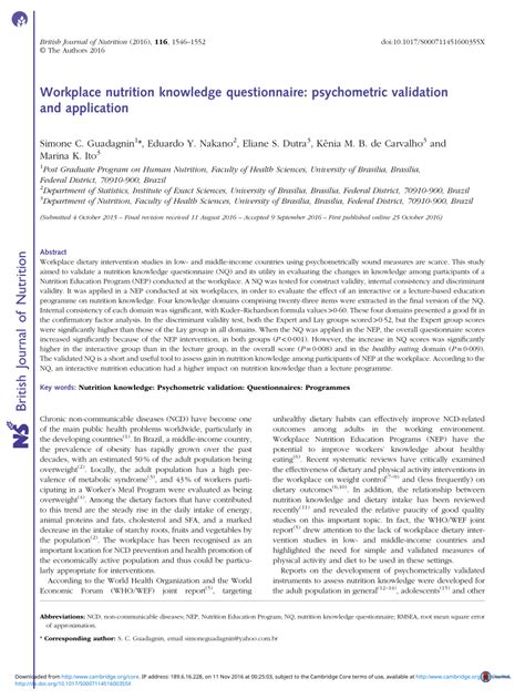 Pdf Workplace Nutrition Knowledge Questionnaire Psychometric Validation And Application