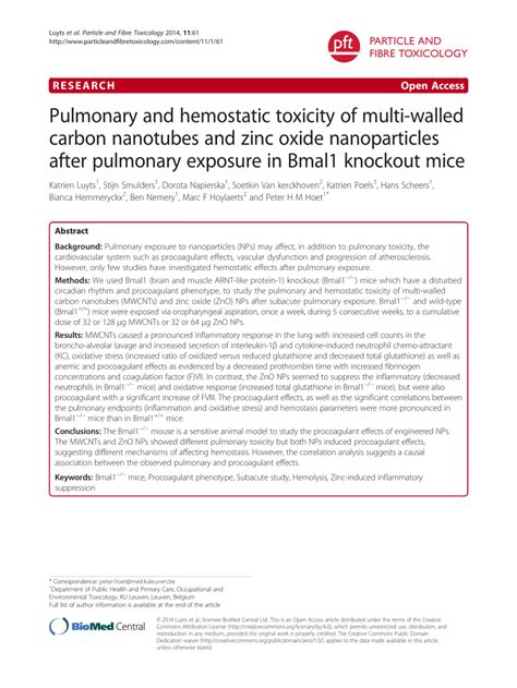 Pdf Pulmonary And Hemostatic Toxicity Of Multi Walled Carbon Nanotubes And Zinc Oxide