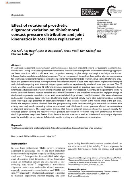Pdf Effect Of Rotational Prosthetic Alignment Variation On Tibiofemoral Contact Pressure