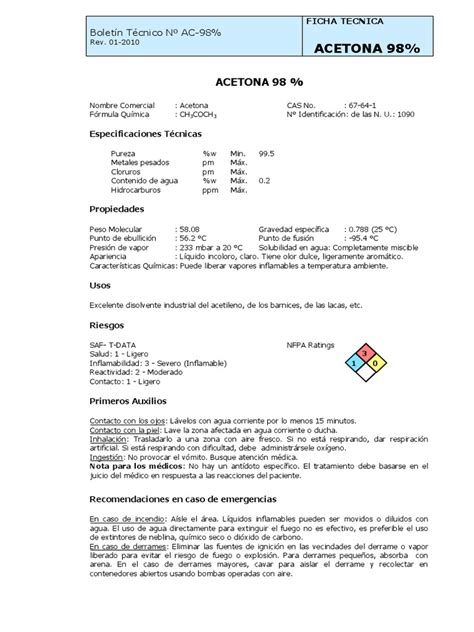 Ficha Técnica De Acetona 98 Pdf Agua Oxígeno