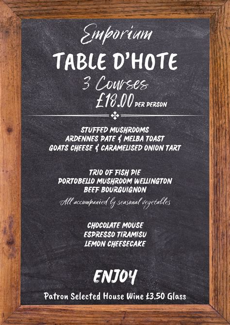 Table Dhote Menu Hayfield Emporium