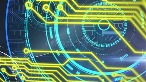 Animation Of Microprocessor Connections And Multiple Moving Arrow Icons Over Blue Square Shapes