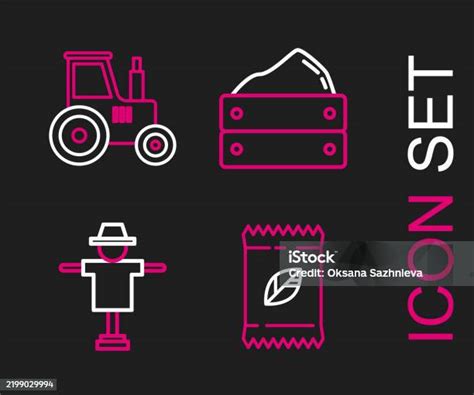 세트 라인 특정 식물 허수아비 수확물이 있는 나무 상자 및 트랙터 아이콘의 씨앗으로 가득 찬 팩 벡터 가공의 인물에 대한 스톡