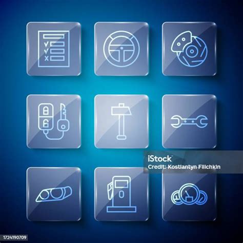 라인 자동차 헤드라이트 휘발유 또는 주유소 속도계 캘리퍼가 있는 브레이크 디스크 해머 키 리모컨 검사 및 렌치 스패너 아이콘을 설정합니다 벡터 건설 산업에 대한 스톡 벡터