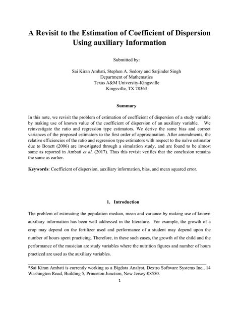 Pdf A Revisit To The Estimation Of Coefficient Of Dispersion Using Auxiliary Information