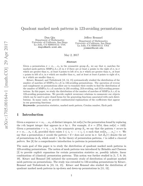Pdf Quadrant Marked Mesh Patterns In 123 Avoiding Permutations