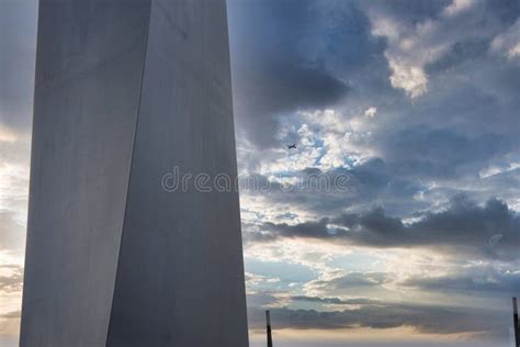 Modern Angular Structure With Airplane And Partly Cloudy Sky Stock Image Image Of View