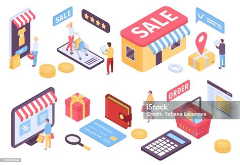 등등 도상성 온라인 쇼핑 마켓플레이스 상점 할인 및 결제를 위한 전자 상거래 모바일 애플리케이션 가방 및 카트 벡터 세트가 있는 고객 3차원 형태에 대한 스톡 벡터 아트 및