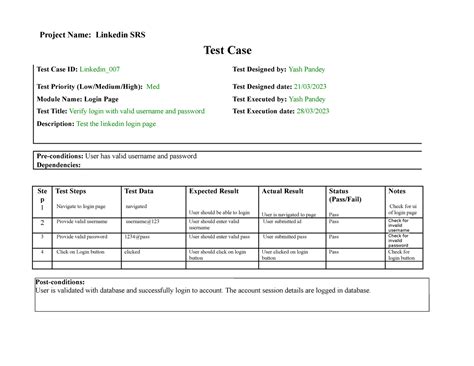 Testcasetemplatedoc Testcase Template Project Name Linkedin SRS Test Case Test Case ID