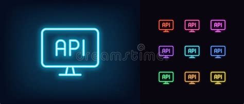 outline neon api icon glowing neon computer with api sign development interface pictogram