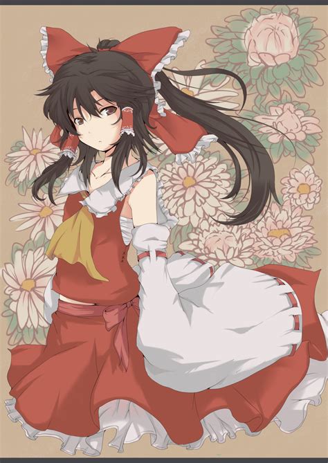 Safebooru Black Hair Bow Brown Eyes Detached Sleeves Flower Hair Bow