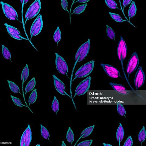 검은 색 배경에 파란색과 분홍색 네온 색상이있는 가지가있는 원활한 식물 패턴 여름과 봄 무늬 패션 럭셔리 패턴 직물 직물 인쇄 벽지 포장 디자인 0명에 대한 스톡 벡터 아트