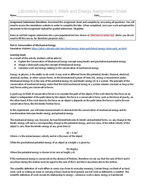 Work And Energy Lab Assignment Pdf Force Potential Energy