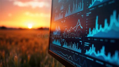 Computer Monitor Displays Data Graphs At Sunset Tech Analyzes Rural