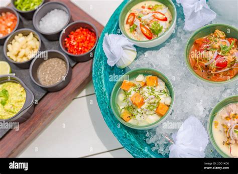 Ceviche Gourmet Sea Food On White Table Delicious Ceviche Of Shrimp