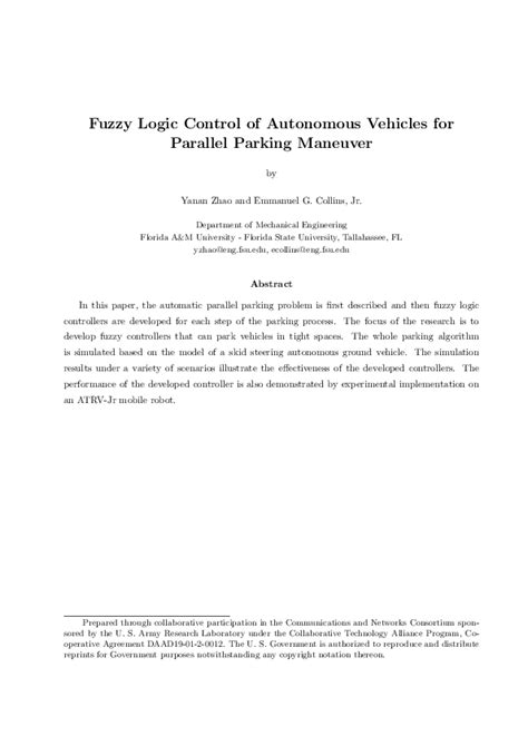 Pdf Fuzzy Logic Control Of Autonomous Vehicles For Parallel Parking Maneuver