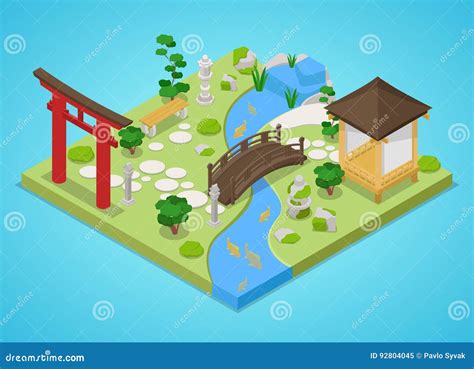 Traditional Japanese Garden With Bridge And Trees Isometric Flat 3d Illustration Stock Vector