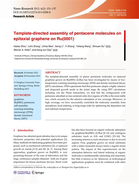 Pdf Template Directed Assembly Of Pentacene Molecules On Epitaxial Graphene On Ru0001