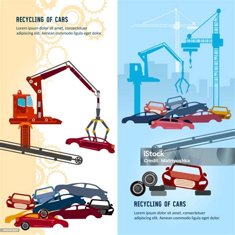 자동차 재활용 배너입니다 자동차 스크랩 금속 덤프 벡터입니다 산업용 크레인 발톱 재활용 금속 자동차의 이용에 대 한 낡은 차를 잡아 재활용 산업 공장 고물 집적소에 대한