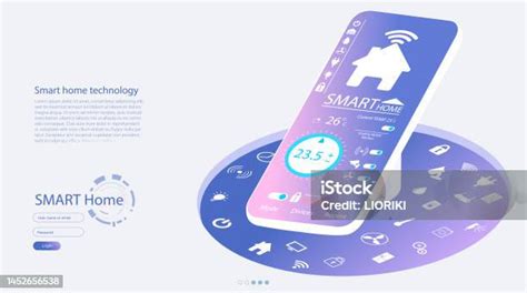 스마트 홈 제어 스마트폰입니다 인터넷 홈 오토 메이 션 시스템의 것 들을 기술 합니다 작은 집 서 화면 휴대 전화 및 무선 연결 아이콘 가전 장치에 Iot 사물 인터넷에