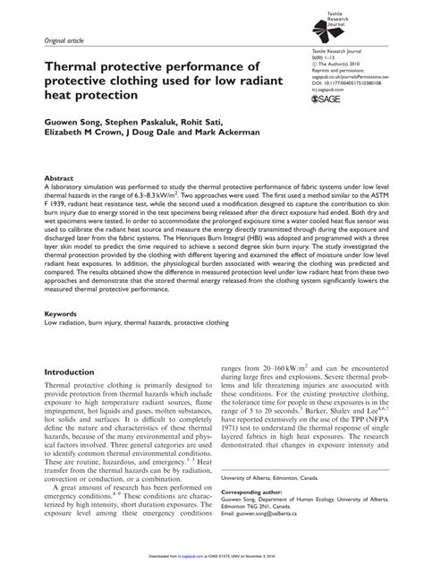 PDF Thermal Protective Performance Of Protective Clothing Used For Low Radiant Heat Protection