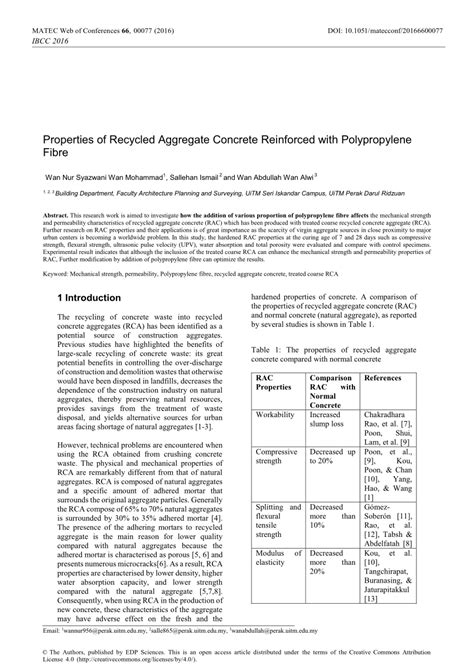 PDF Properties Of Recycled Aggregate Concrete Reinforced With Polypropylene Fibre