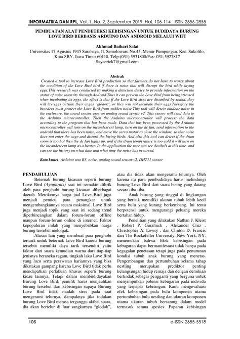Pdf Pembuatan Alat Pendeteksi Kebisingan Untuk Budidaya Burung Love Bird Berbasis Arduino Dan
