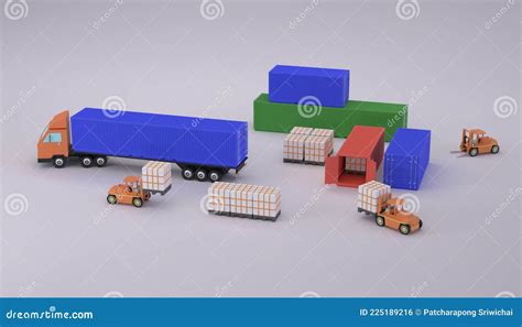 forklift loading cargo pallet into truck 3d render illustration stock