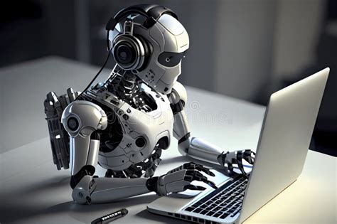 3d rendering humanoid robot working with headset and notebook stock