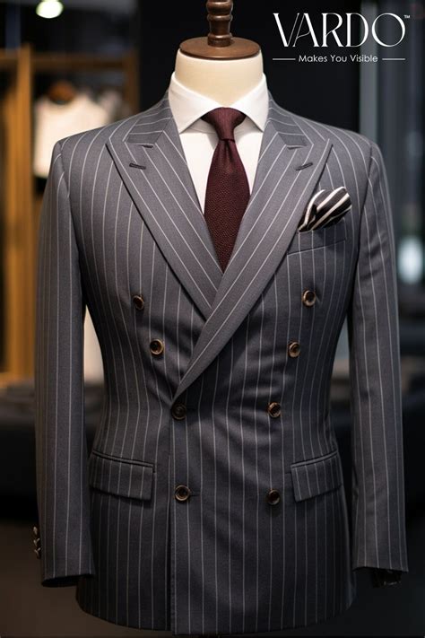 Formal Dark Grey Stripe Double Breasted Suit For Men Classic Look