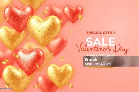 빛나는 사실적인 빨간색과 금색 3d 풍선 하트반짝반짝 한 질감과 색종이가 있는 발렌타인 데이 세일 배너 배경 전단지 초대 포스터 브로셔 인사말 카드 벡터 일러스트레이션