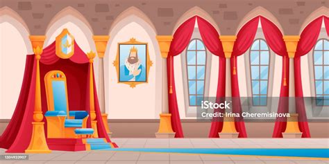 왕좌 배경을 가진 성 방 카펫 좌석 창문 커튼 프레임 벡터 일러스트레이션의 왕의 그림이있는 로얄 킹 왕국 홀 인테리어 디자인