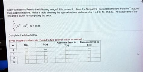 Solved Apply Simpsons Rule To The Following Integral Easiest Obtain