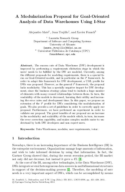 Pdf A Modularization Proposal For Goal Oriented Analysis Of Data Warehouses Using I Star