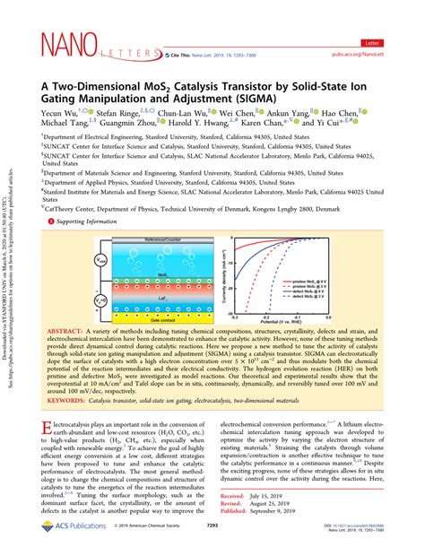 Pdf A Two Dimensional Mos2 Catalysis Transistor By Solid State Ion Gating Manipulation And
