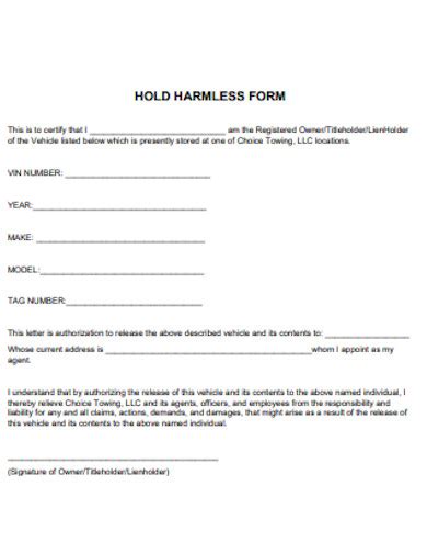 Vehicle Hold Harmless Agreement Template