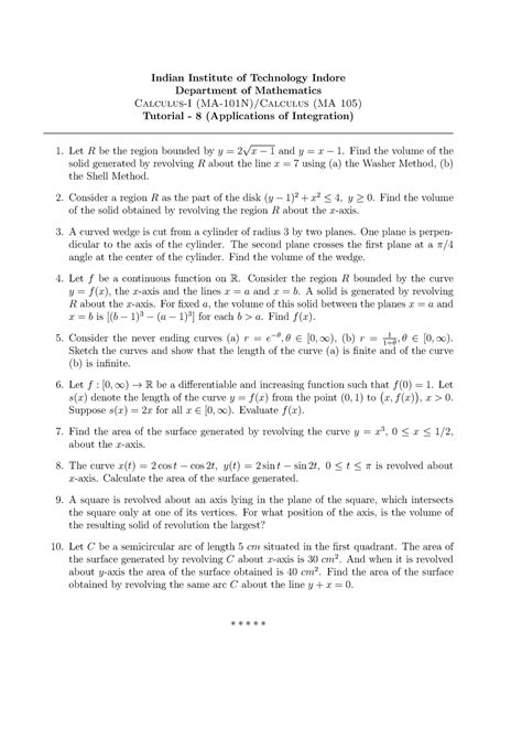 Calculus Tutorial Area And Volume Indian Institute Of Technology Indore Department Of