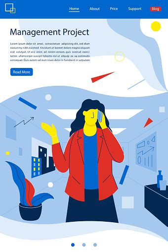 비즈니스 여성이 전화로 이야기합니다 프로젝트 관리 프로세스 작업 진행 중인 창의적인 사람들 Ui 디자인 개념입니다 벡터 가공의 인물에 대한 스톡 벡터 아트 및 기타 이미지